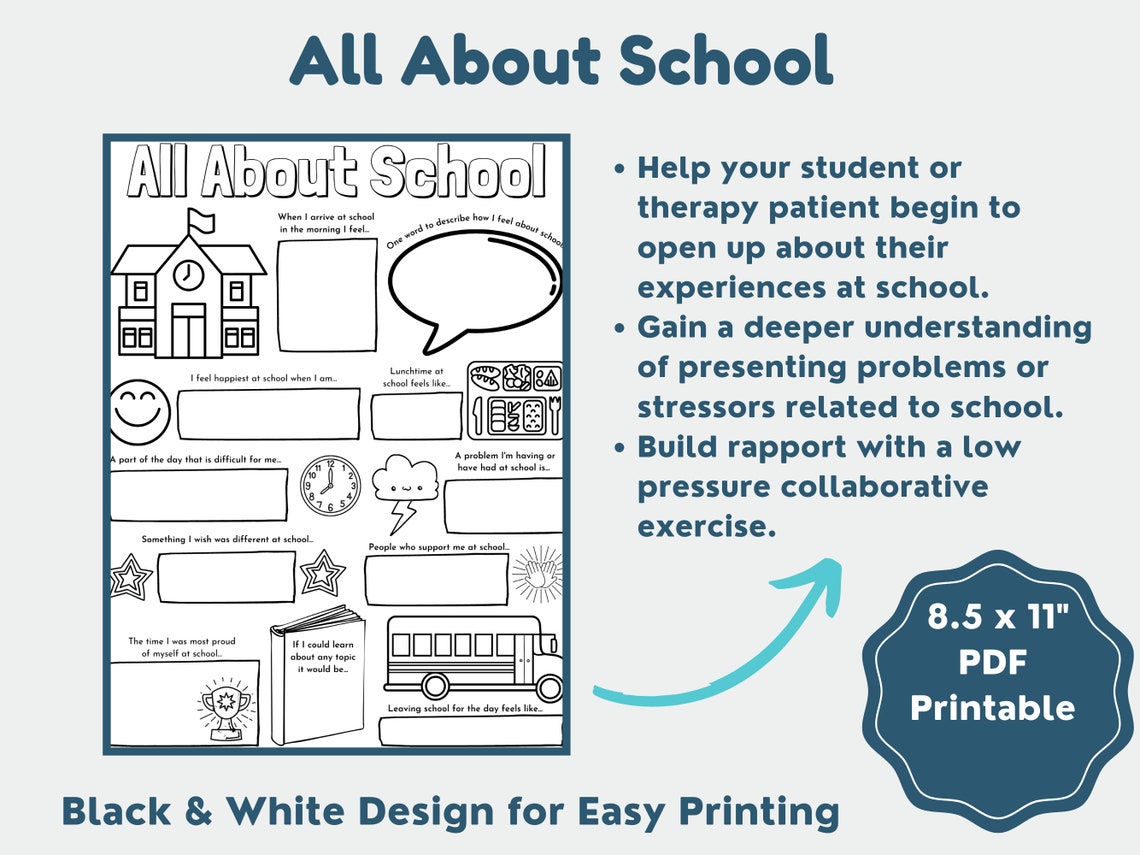 All About Me School Worksheet: Child Therapy Activity (printable PDF ...