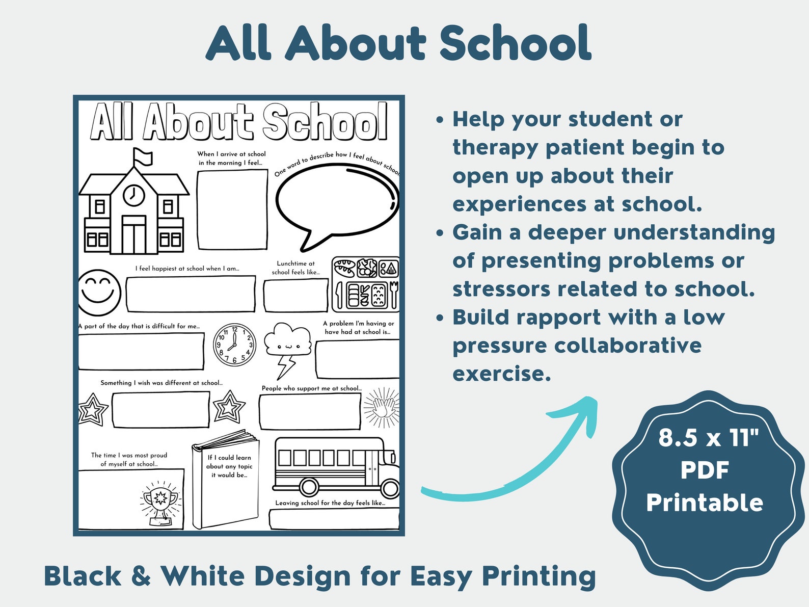 All About Me School Student Edition, Printable Therapy Worksheet, Child ...