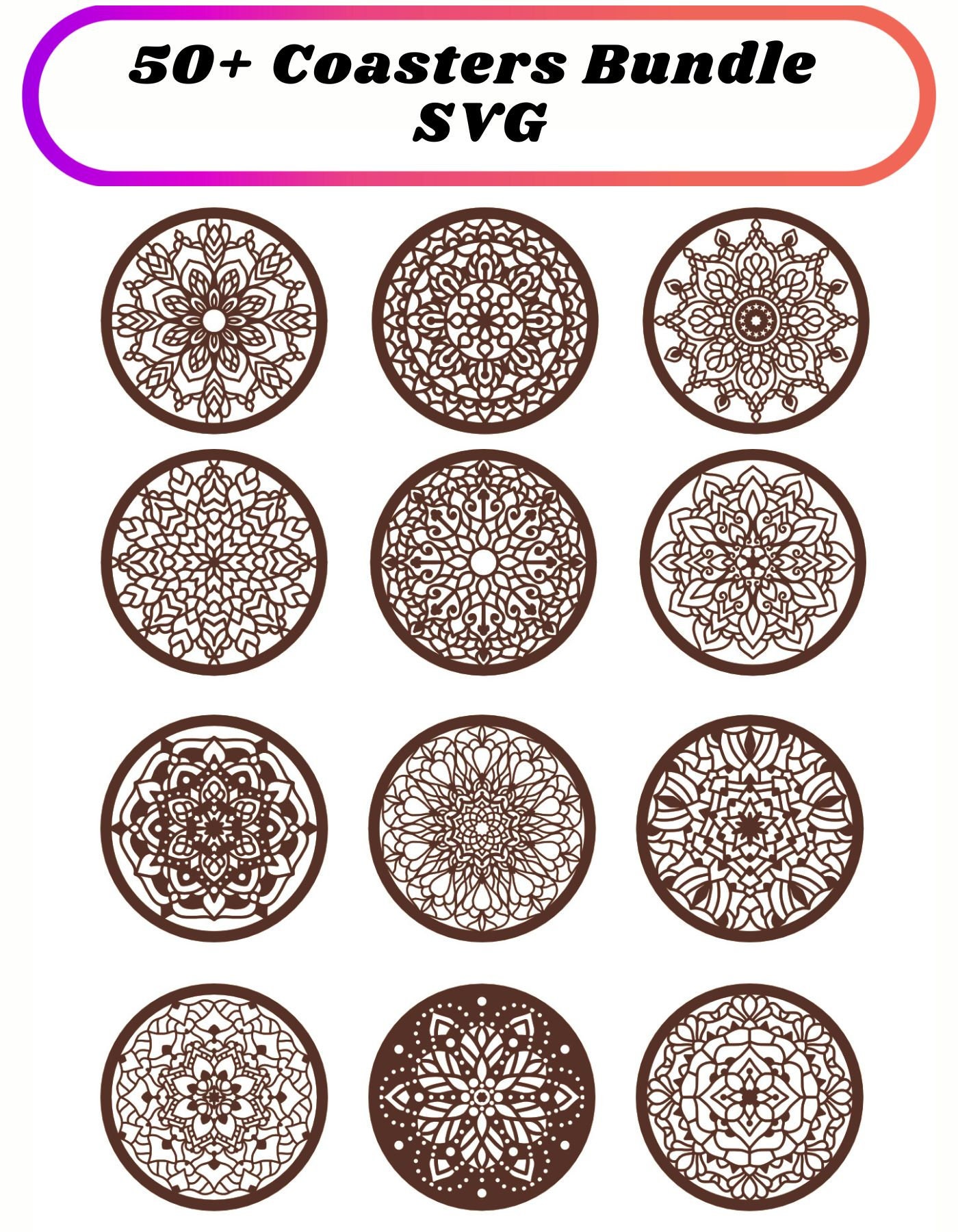 50 Coasters Bundle SVG, PNG, Cnc Laser Cut Vector Files, Laser Cut ...