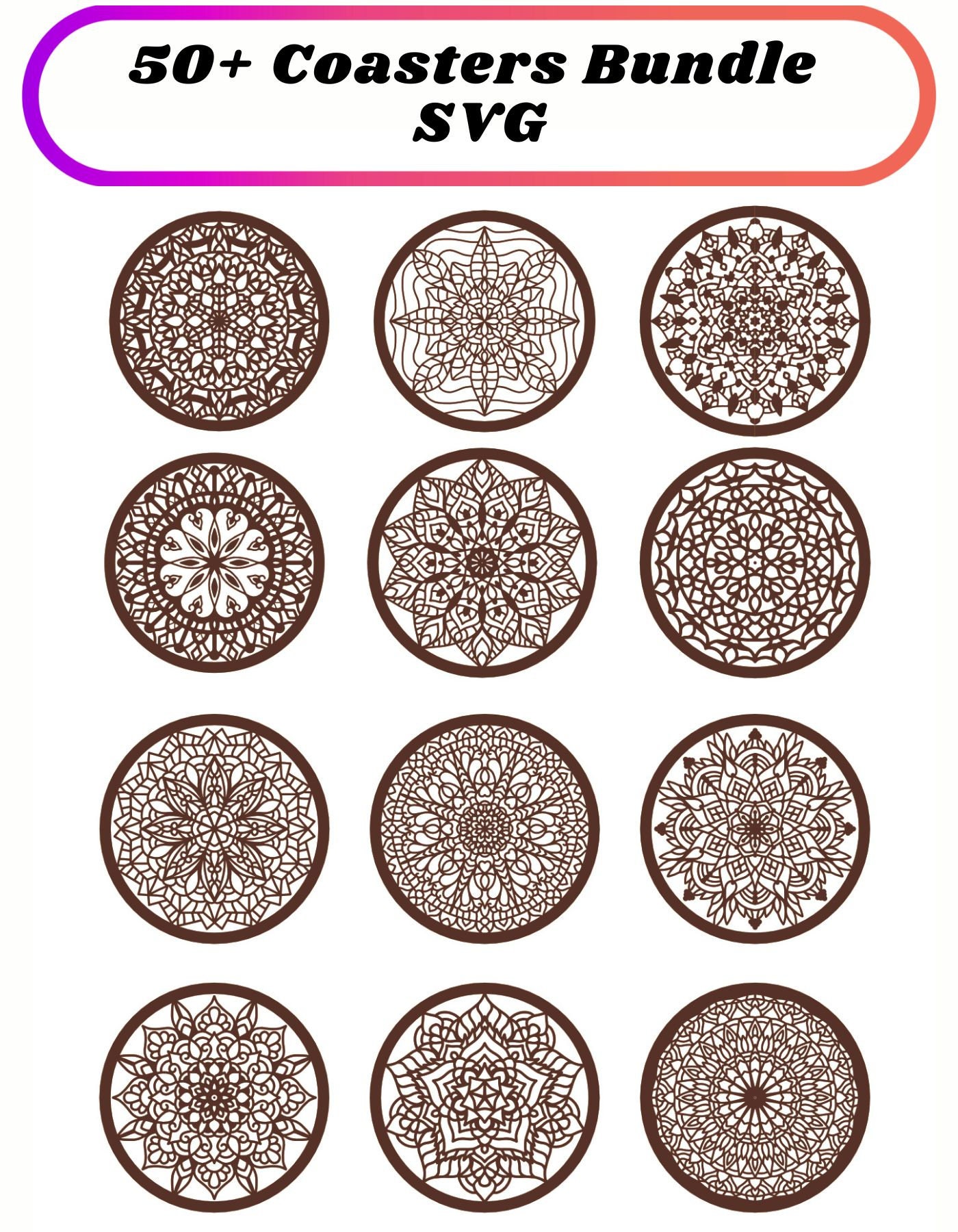 50 Coasters Bundle SVG, PNG, Cnc Laser Cut Vector Files, Laser Cut ...