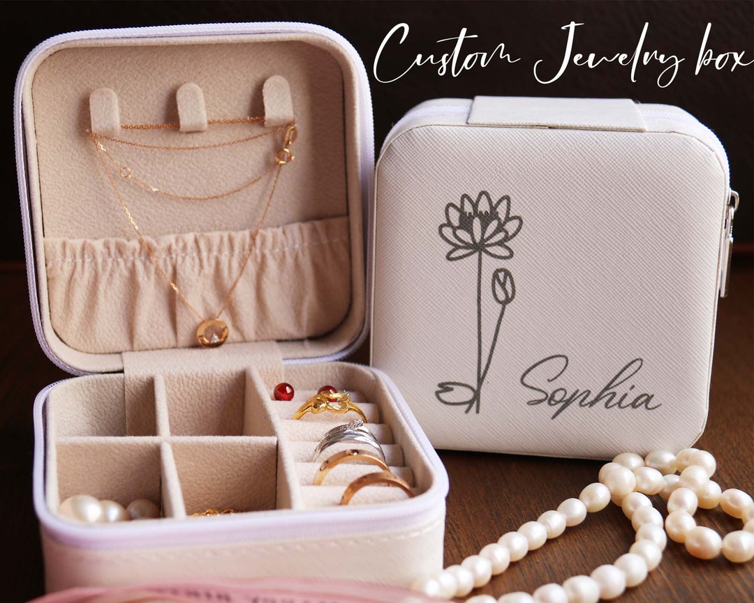 Personalized Birth Flower Jewelry Box Custom Jewelry Box Travel Jewelry ...