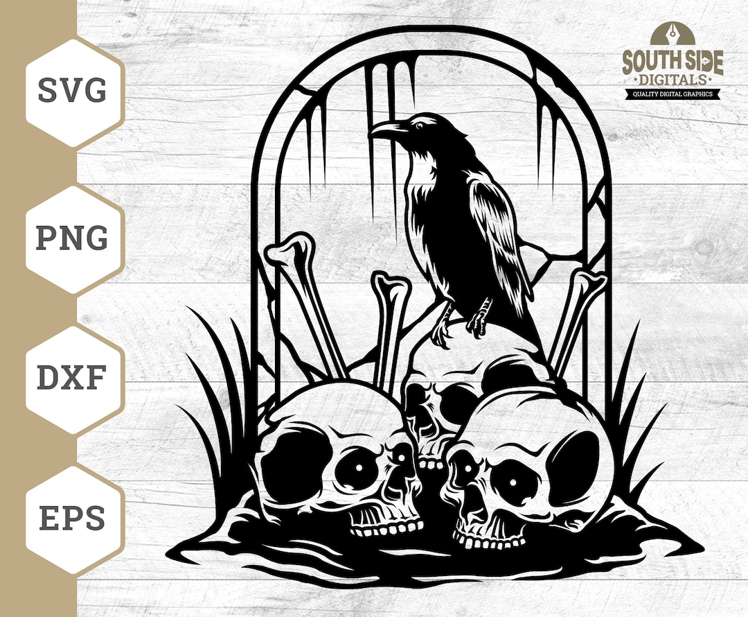 Skull Grave SVG File, Skull Head Svg, Raven Skull Svg, Raven Svg, Skull ...