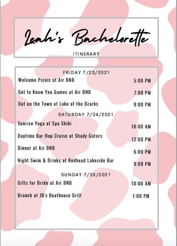 Cow Print Bach Itinerary Template Etsy