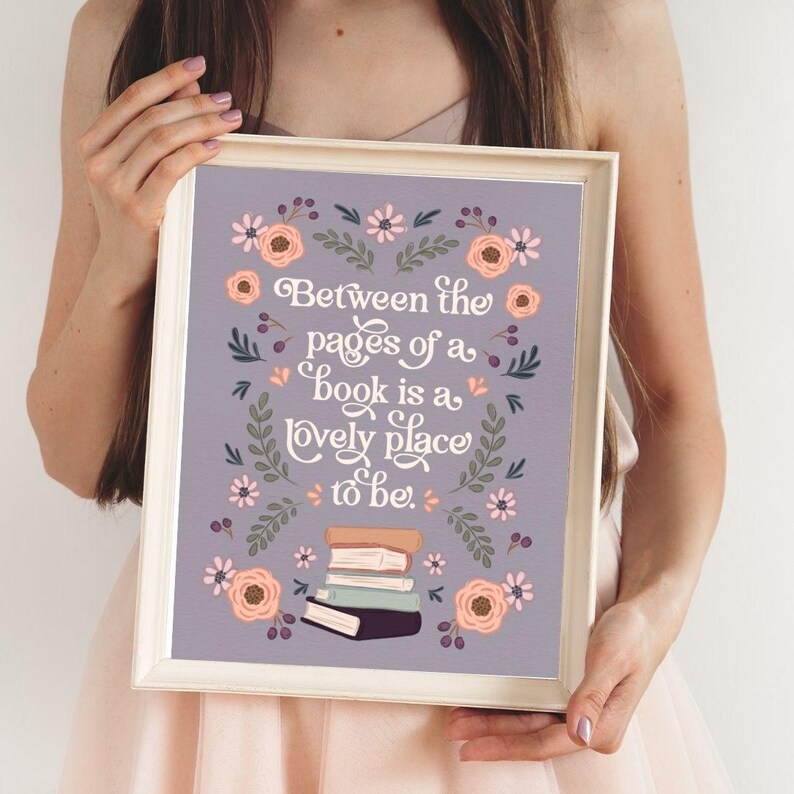 Floral Bookshelf Art Print: Between Pages for Cottagecore Home, Library ...