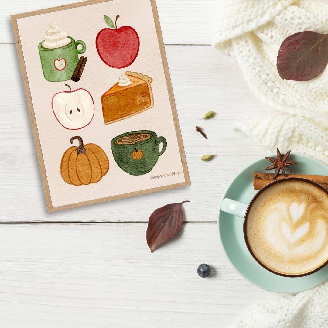 Cozy Fall Foods Watercolor Illustration Art Print Digital Download or ...