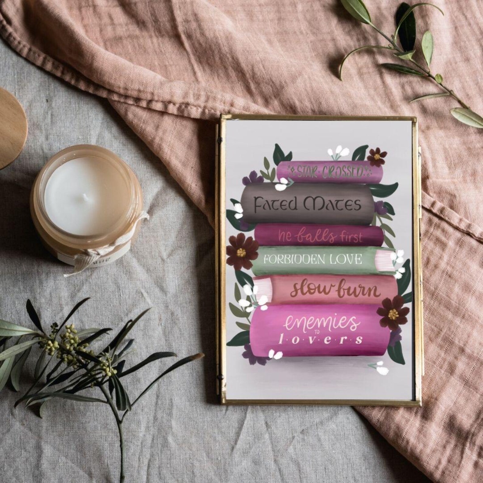 Hand Painted Floral Stack of Books With Customizable Colors and Romance ...