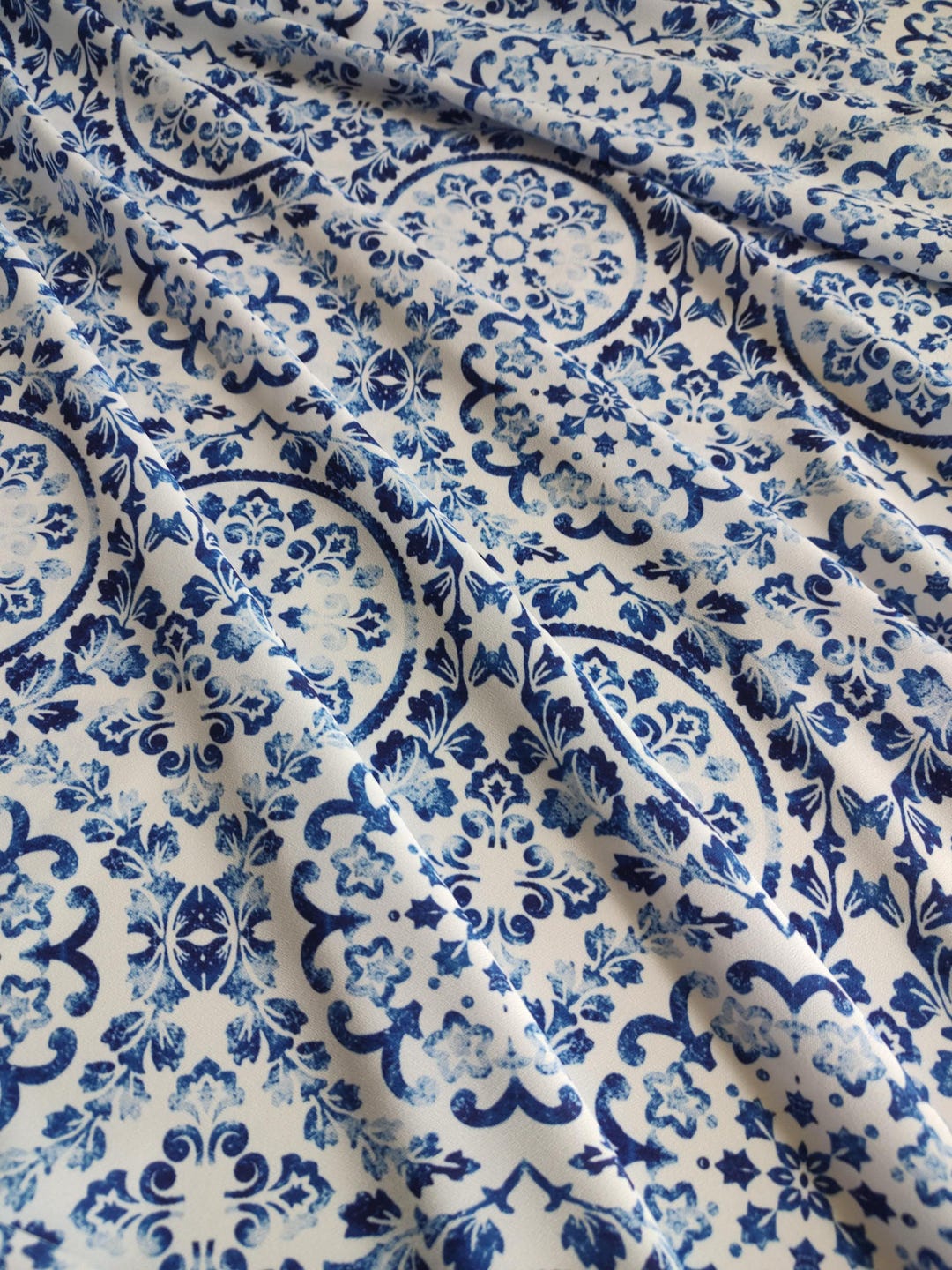 Delft Floral Crepe Fabric: Indigo Blue Print, Lightweight Apparel - Etsy