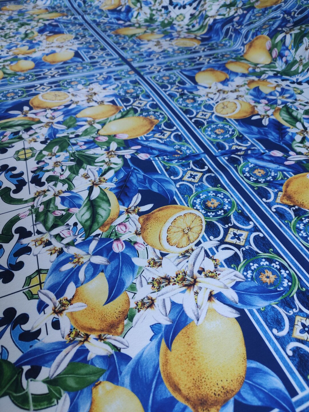Lemon Print Fabric, Blue Floral Pattern With Lemons, Silky Moss Crepe ...