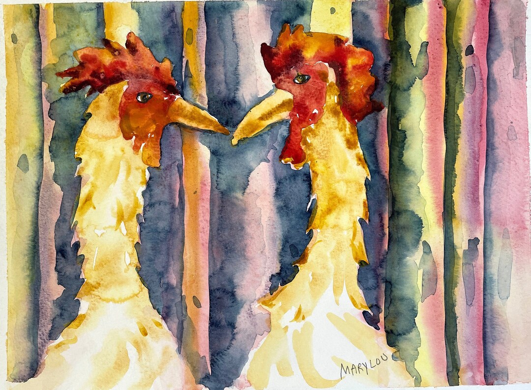 Staring Chickens, Original Watercolor Painting by Marylou Wilhelm ...