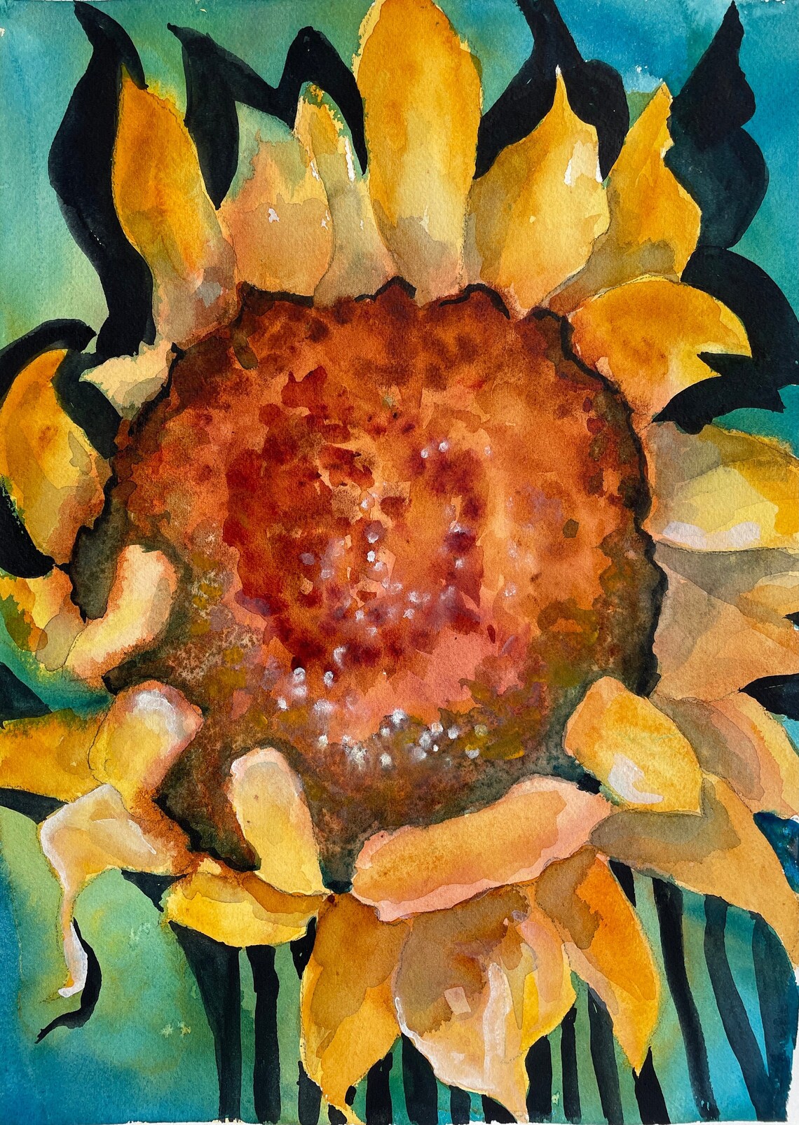 Sunflower With Teal and Green Background Original Watercolor - Etsy