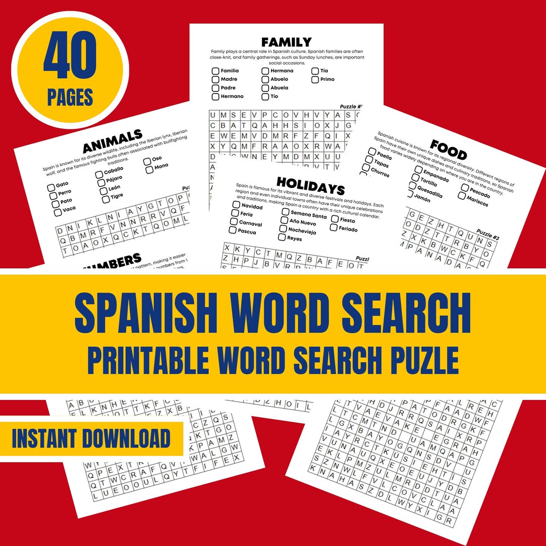 40 SPANISH Word Search Puzzle, Printable and Instant Download, Spanish ...