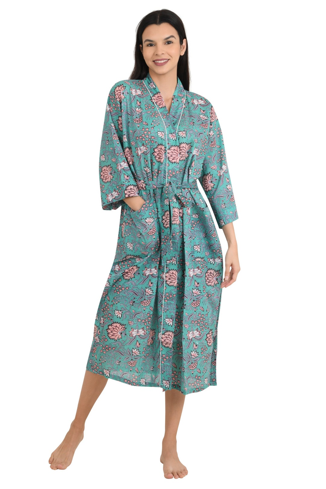Boho Cotton Kimono House Robe Indian Handprinted Green Pink Leaf Motif ...