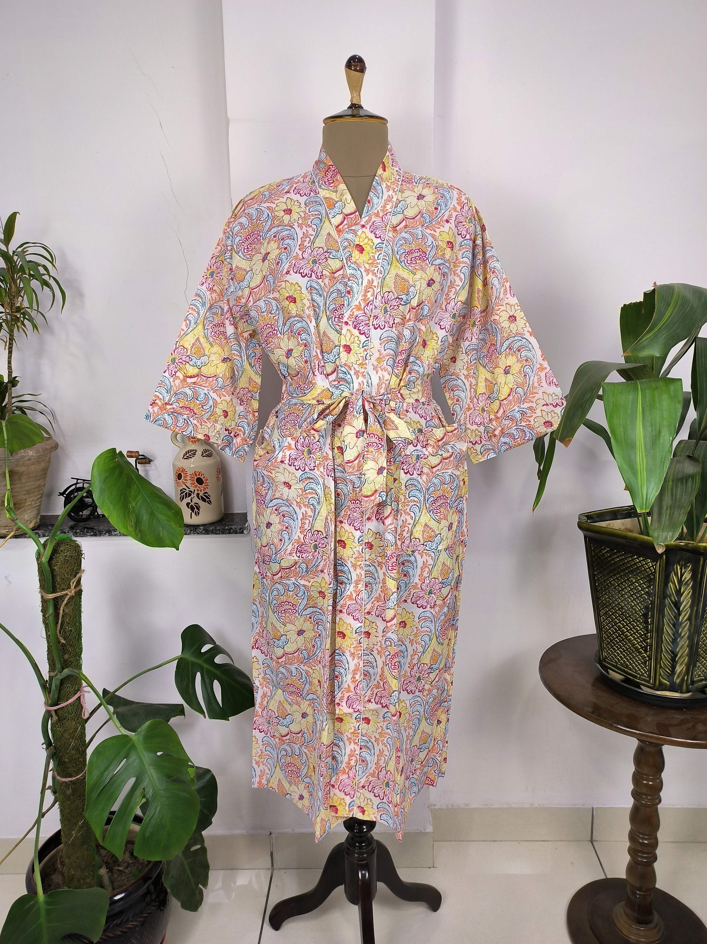 Boho House Robe Indian Handprinted Cotton Kimono Lively Blossoms ...