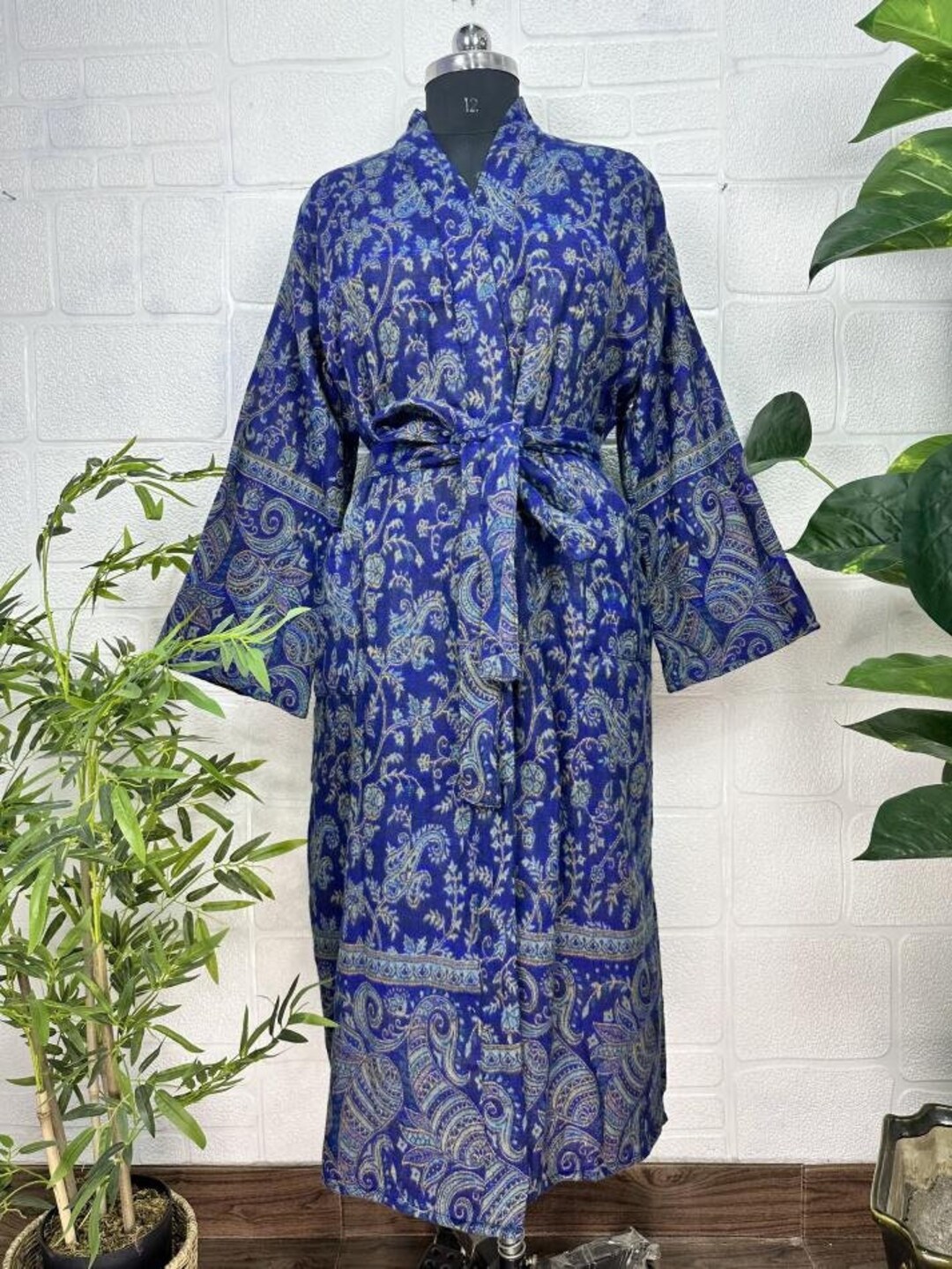 Unisex Yak Wool Blend Geometric Diamonds Kimono/robe Luxurious Blue ...