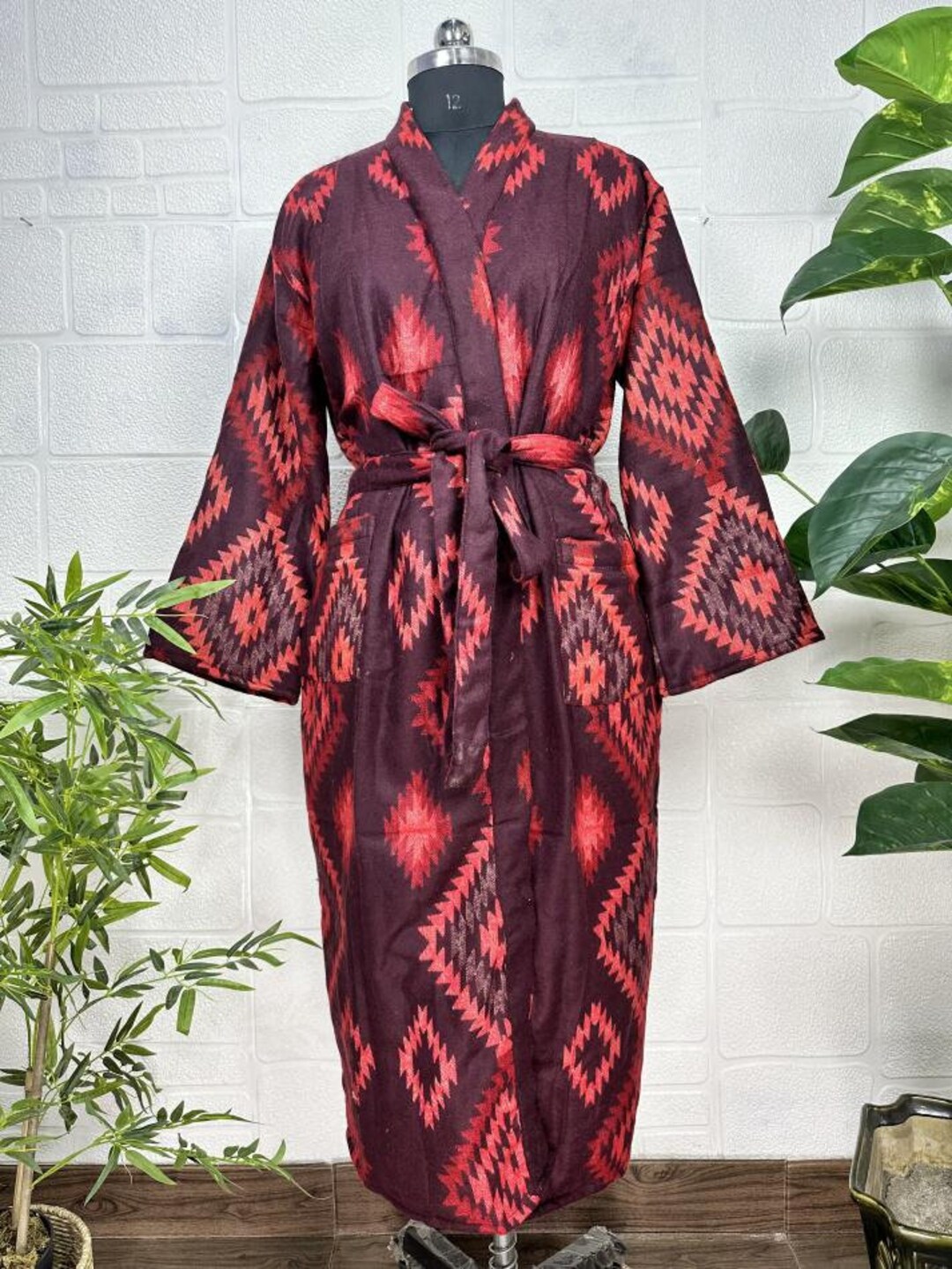 Unisex Yak Wool Blend Geometric Diamonds Kimono/robe Luxurious Black ...