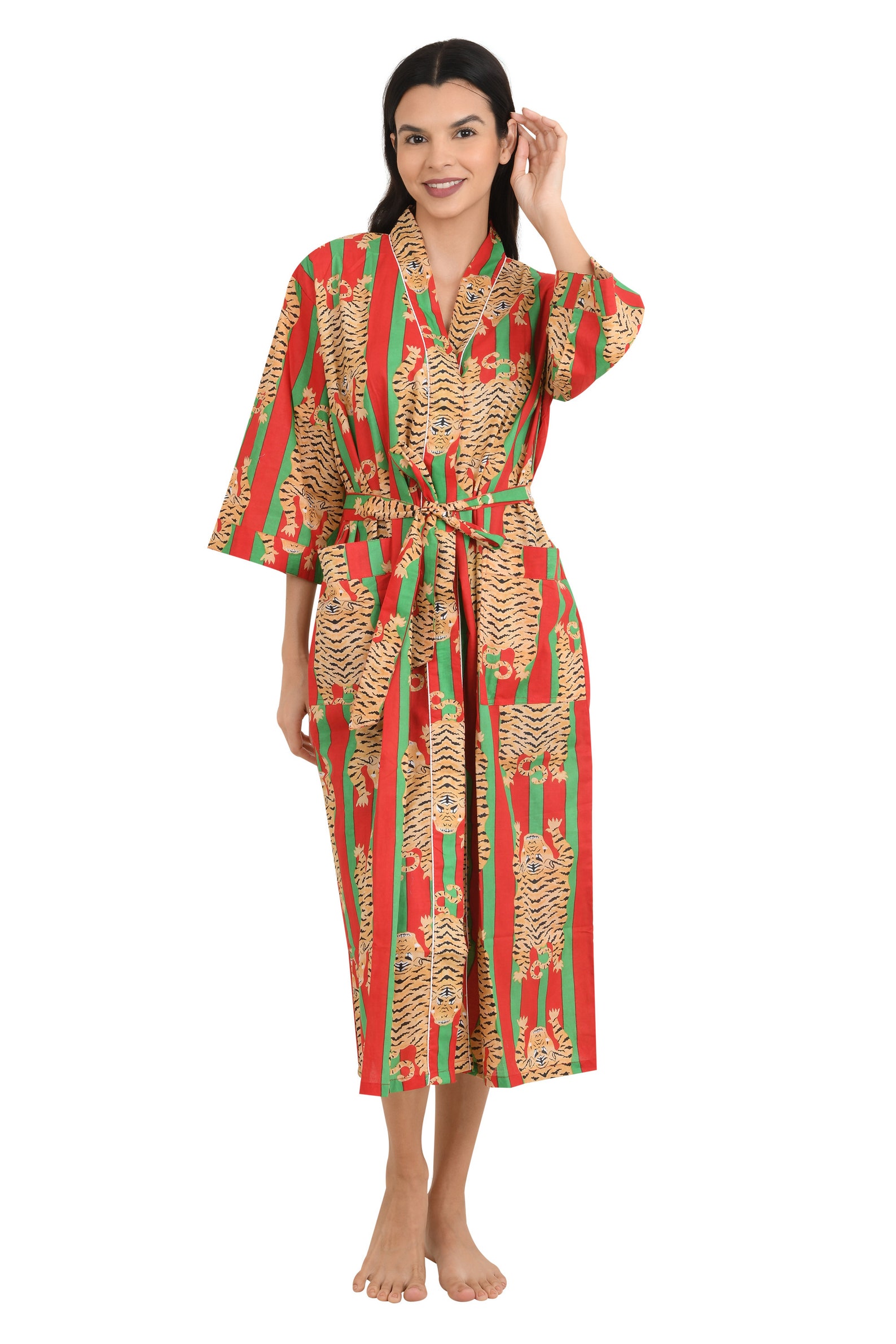 Kimono House Robe Indian Handprinted Strips Cheetah Print Pattern ...