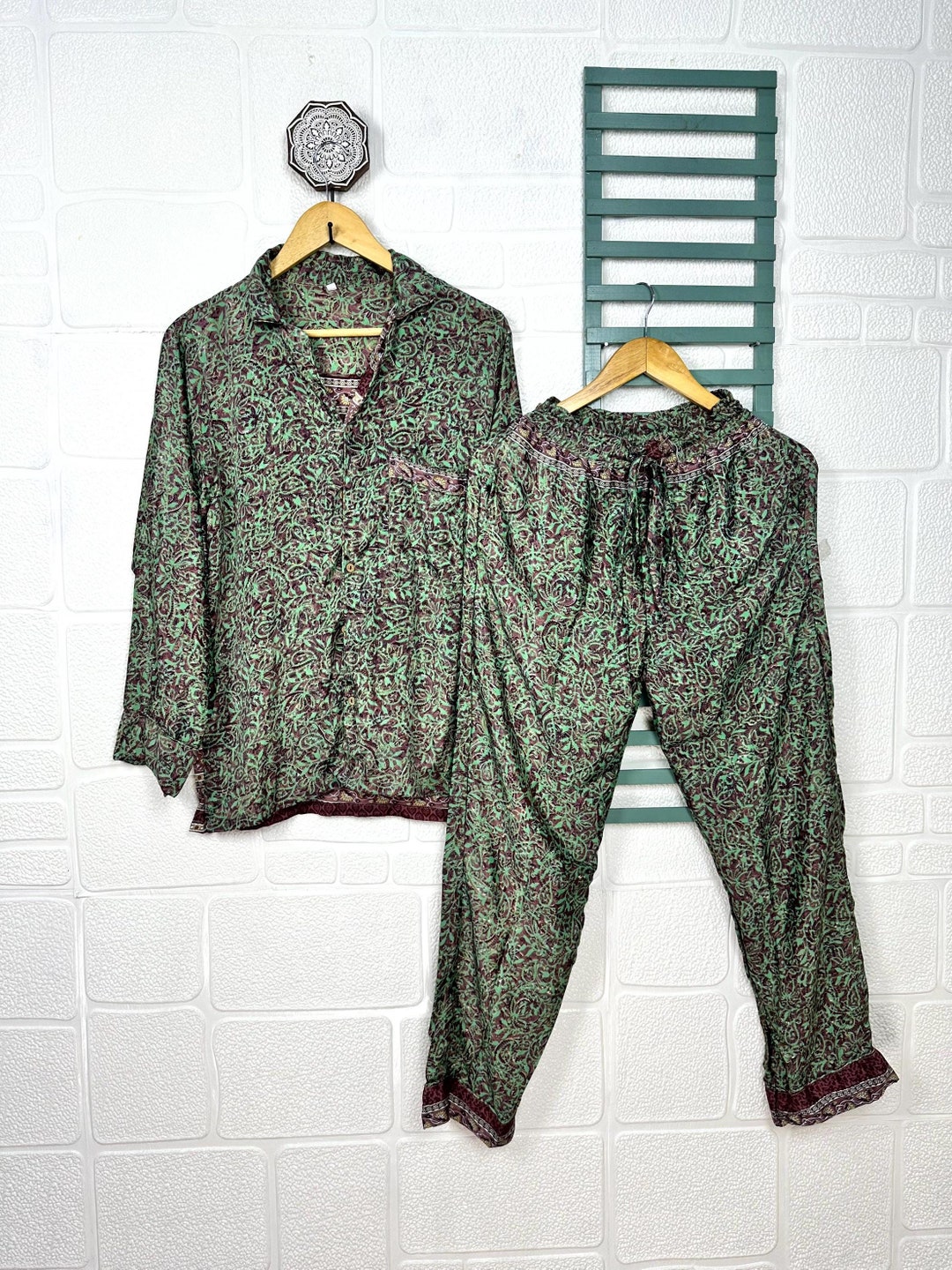 Recycle Silk Long Pajama Set Lightweight Breathable PJ Nightwear ...