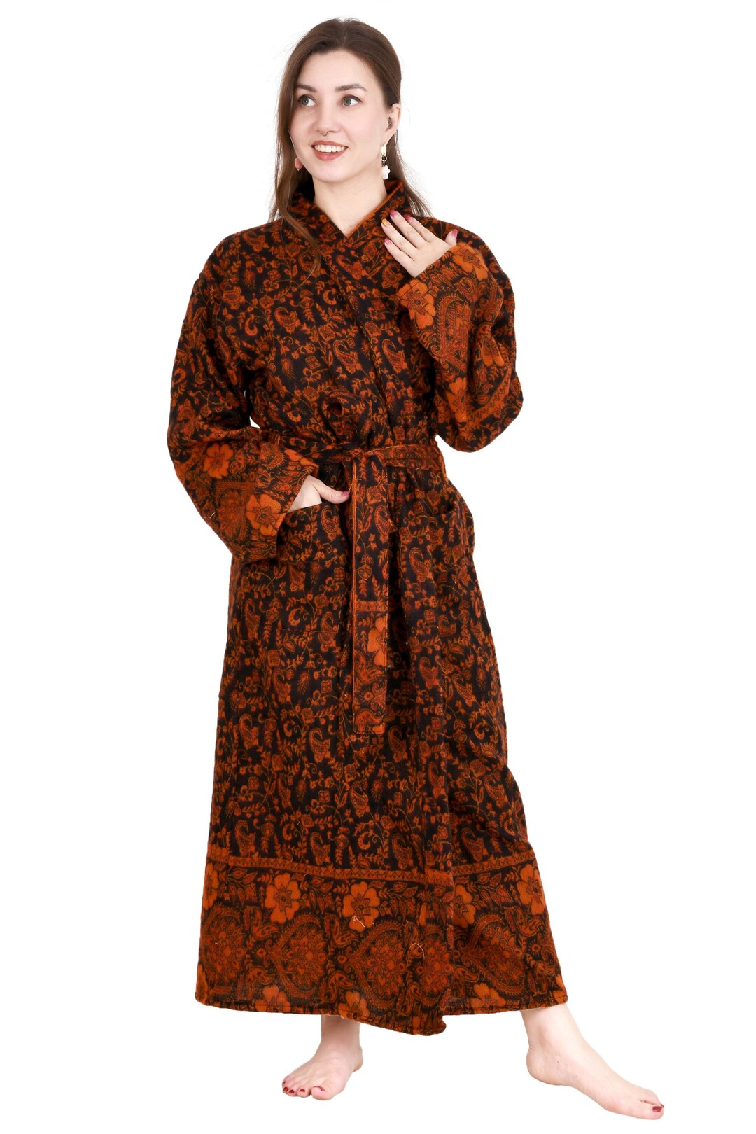 Unisex Winter House Robe Luxury Yak Wool Blend Paisley Kimono Elegant ...
