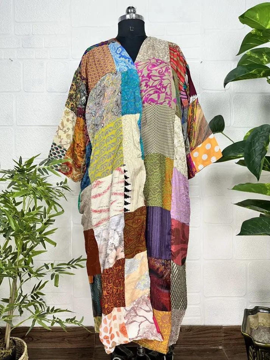 Vintage Earthy Boho Duster Long Patchwork Kimono Oversized Recycle Silk ...
