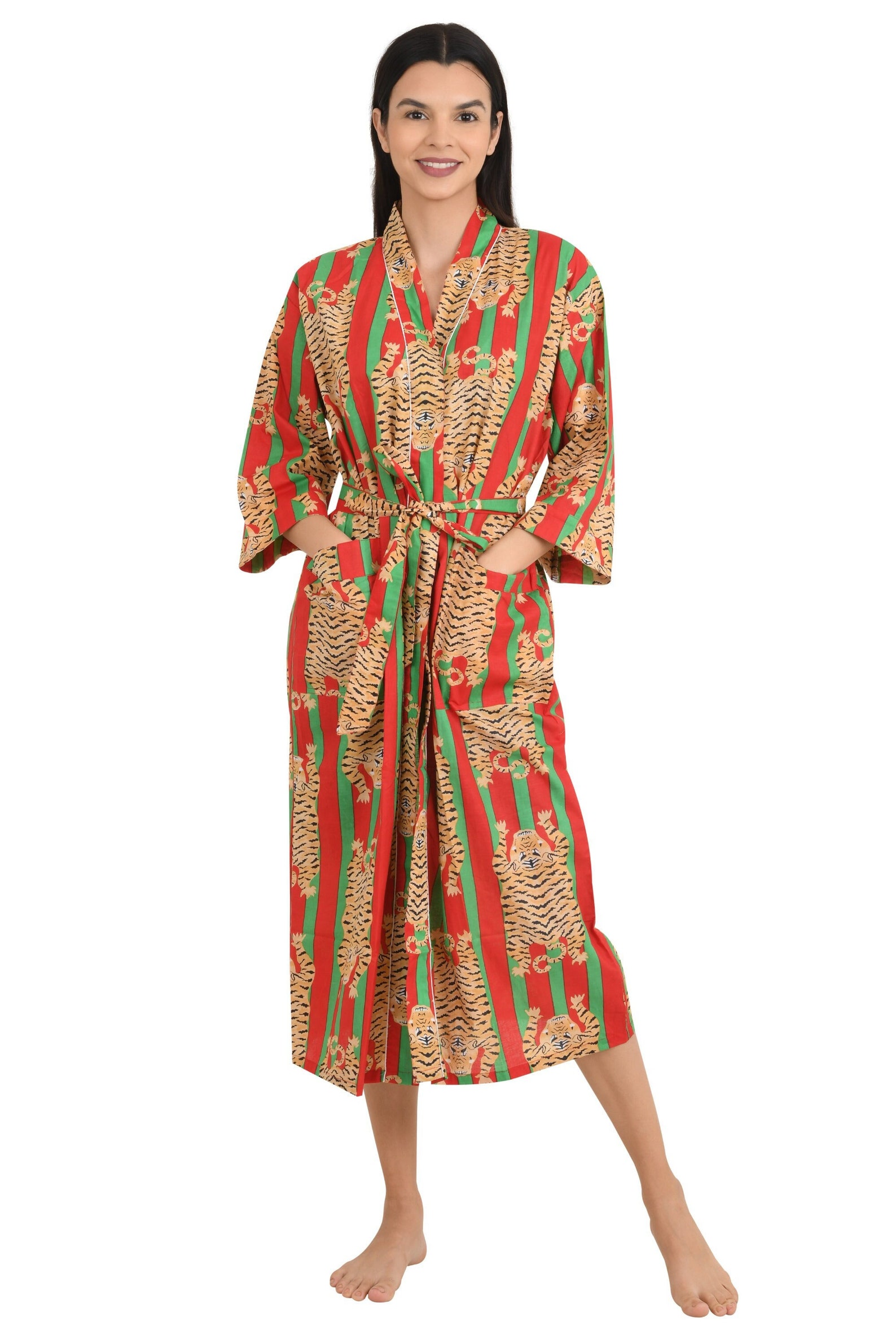 Kimono House Robe Indian Handprinted Strips Cheetah Print Pattern ...