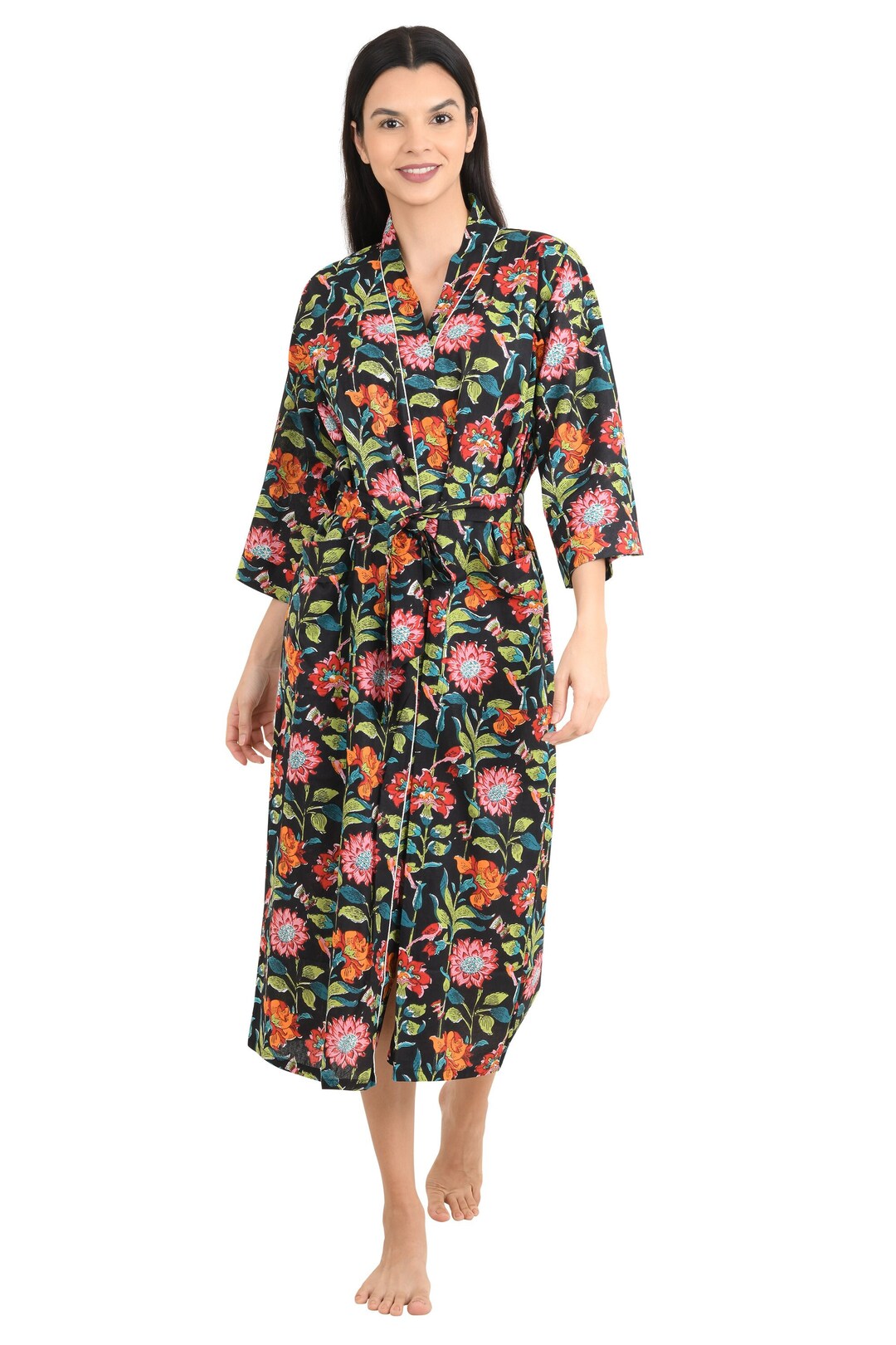 Boho Cotton Kimono House Robe Indian Handprinted Floral Botanical ...