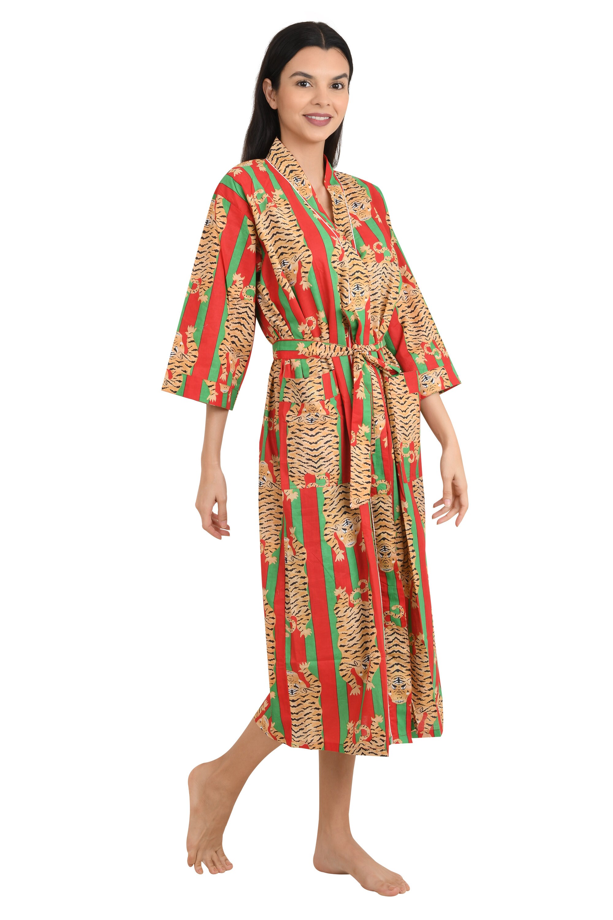 Kimono House Robe Indian Handprinted Strips Cheetah Print Pattern ...