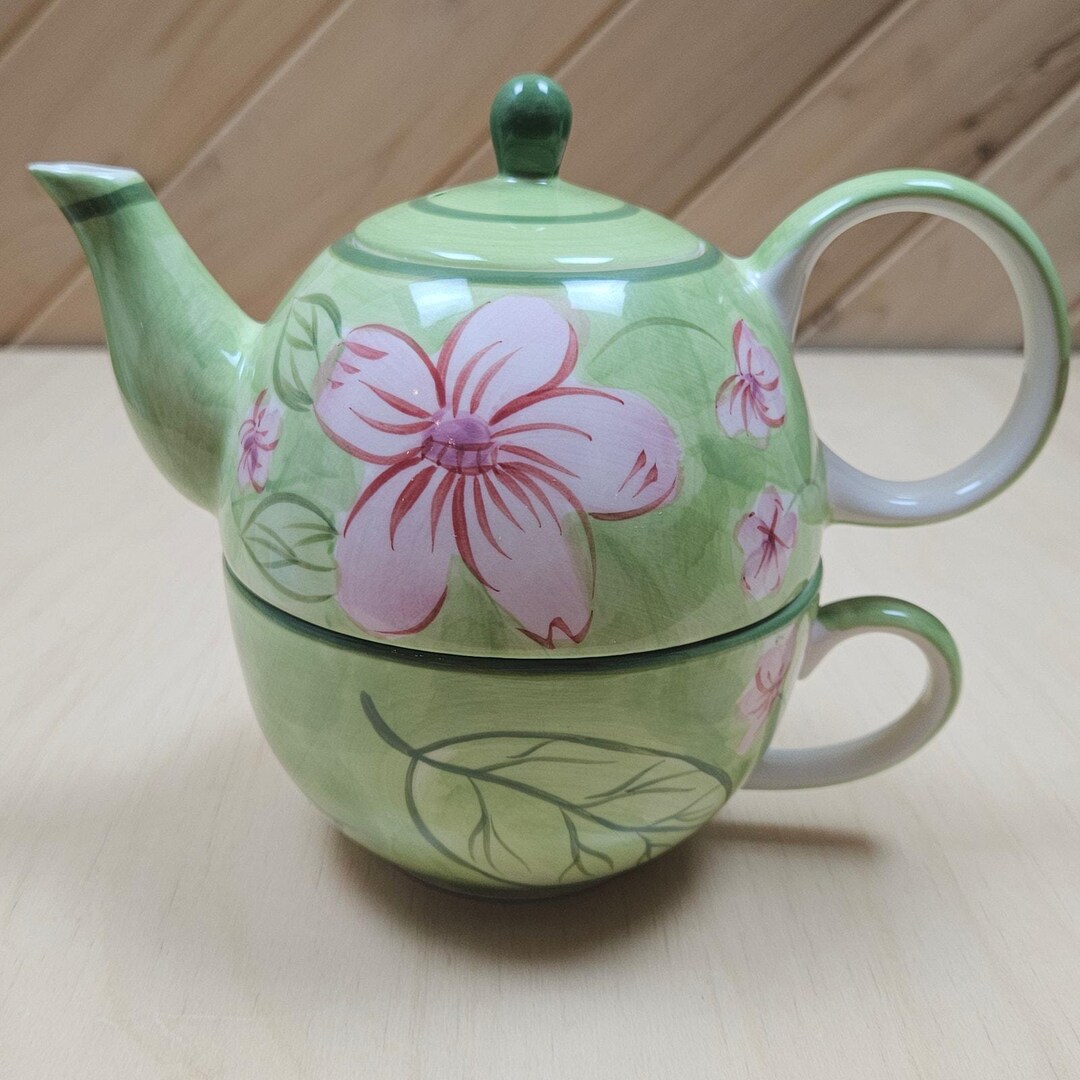 Vintage April Cornell Ceramic Teapot Cup/pitcher Nesting Set Green Pink ...