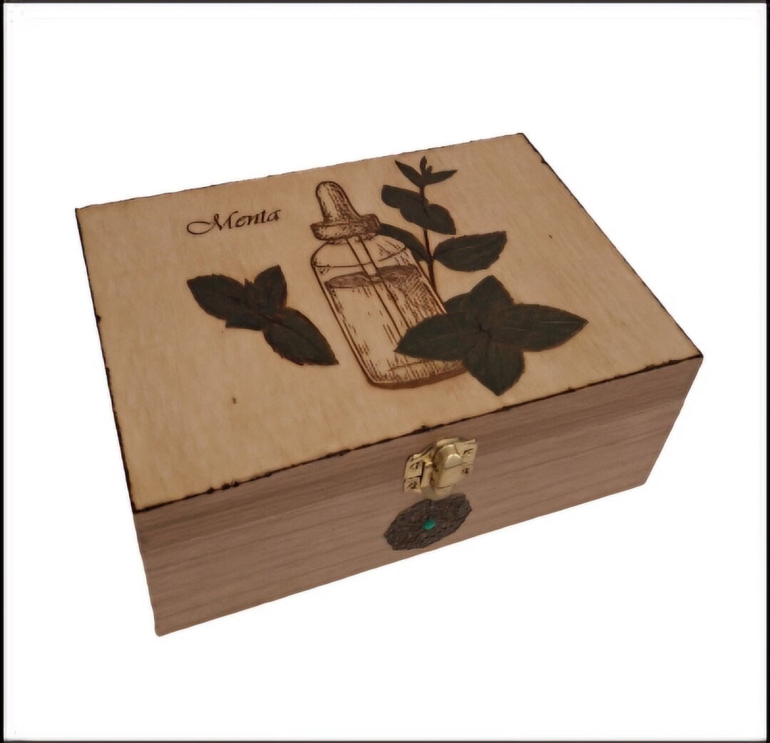 Essential Oil Storage Box Engraved With Mint Leaves and Menta Vial for ...