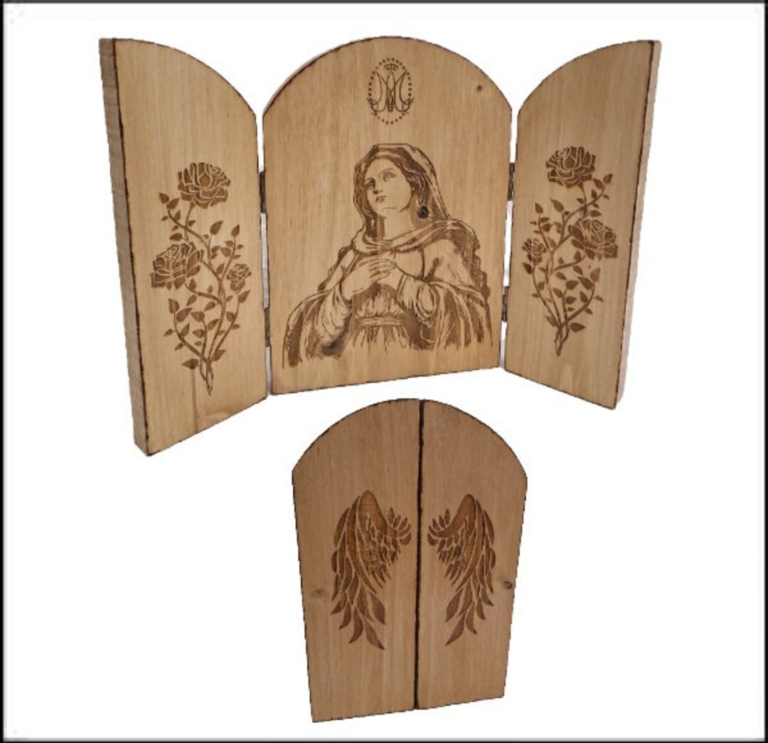 Holy Virgin Mary Triptych Framed With Roses and Angel Wings, Catholic ...