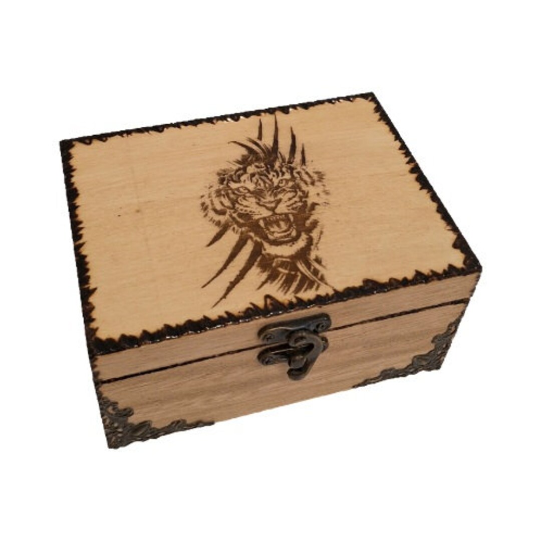 Wooden Box Engraved With a Tiger on a Background of Feline Claws ...