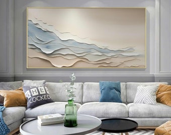 Large Textured Beach Acrylic Painting Framed 3D Beige Wave Canvas ...