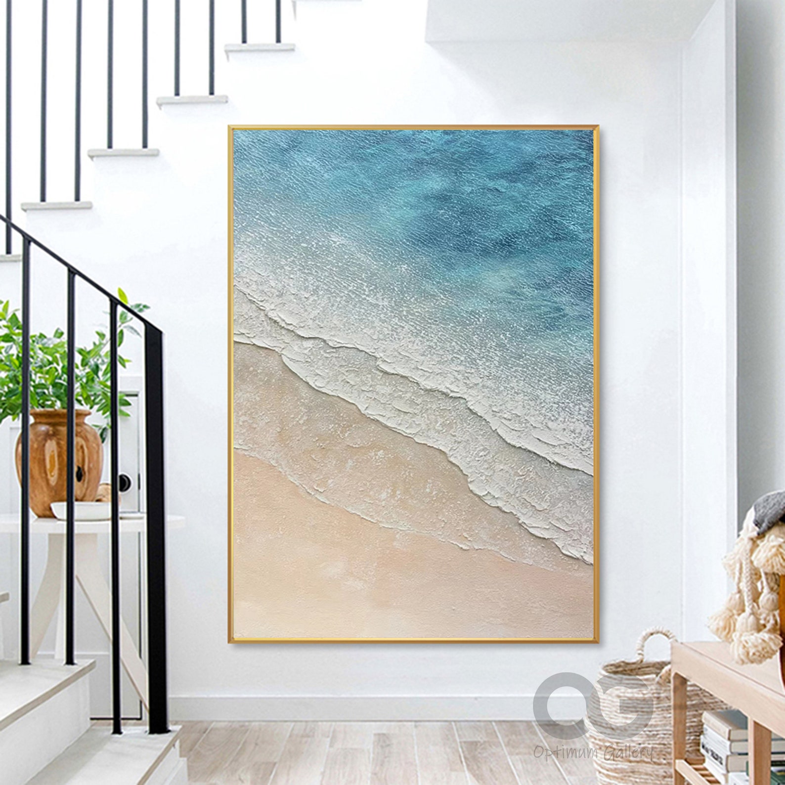 Framed Blue Ocean Wall Art Large Textured Whie Wave Painting Acrylic ...