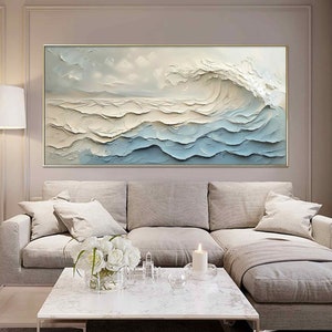 3D White Minimalist Beach Painting Textured Wall Art Ocean Wave Painting on Canvas Wabi-sabi ...
