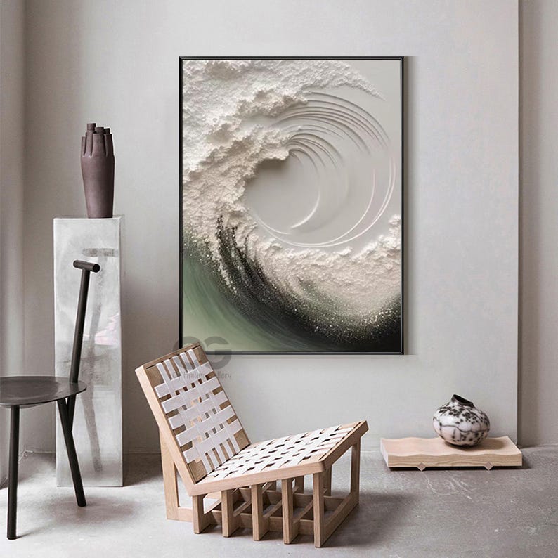 3D Texture White Wave Acrylic Painting Green Beach Wall Art Minimalist ...