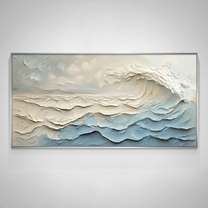 3D White Minimalist Beach Painting Textured Wall Art Ocean Wave Painting on Canvas Wabi-sabi ...