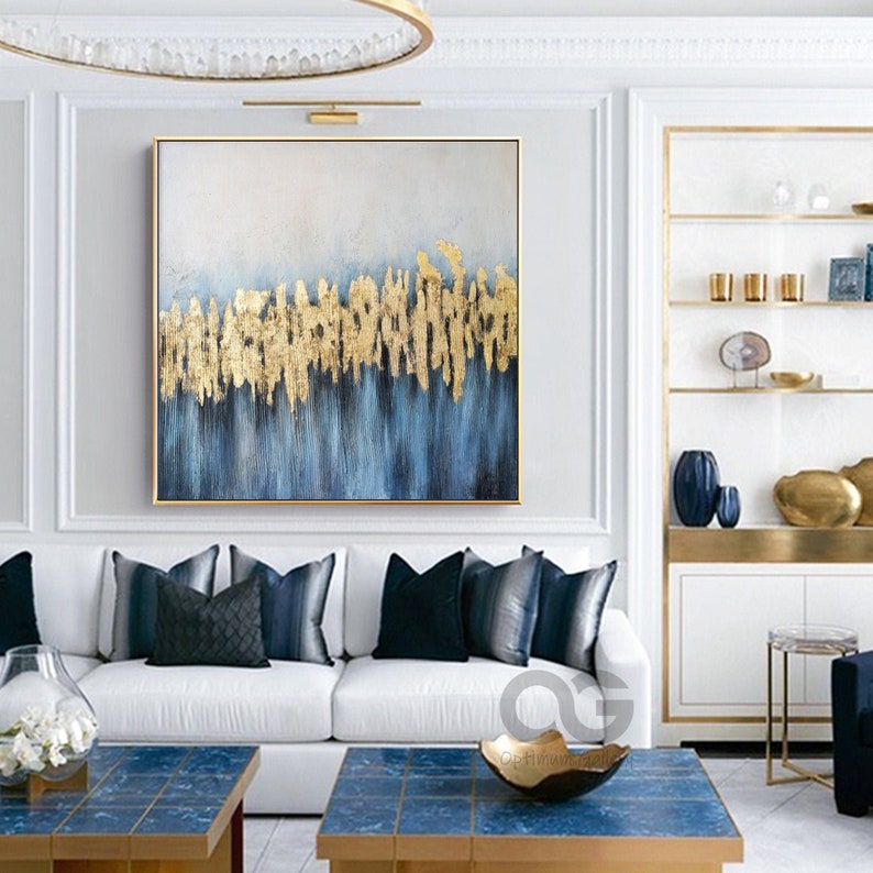 Large Blue and Gold Abstract Canvas Painting Navy Blue Framed - Etsy