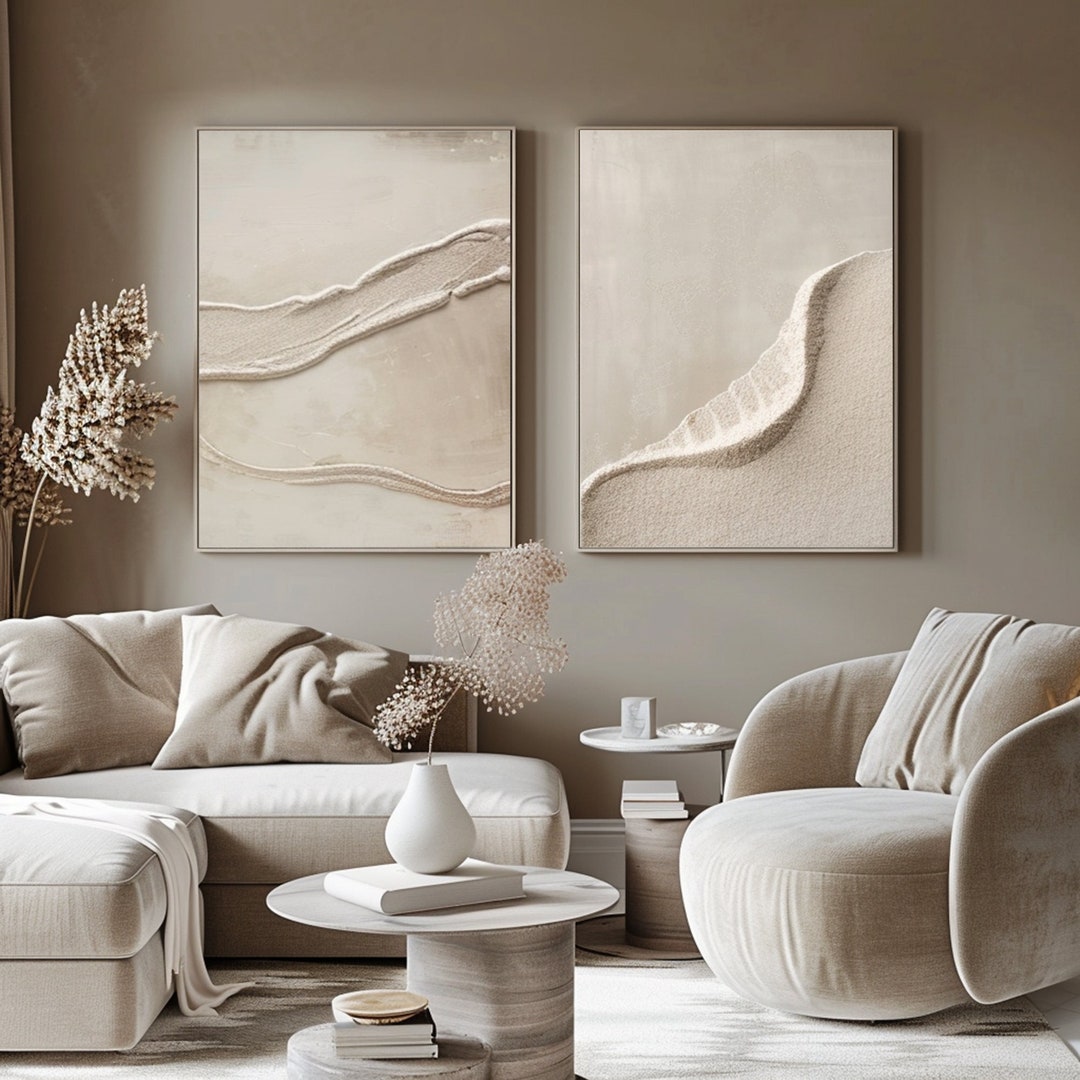 Beige Textured Abstract Painting Set of 2 Ocean Waves Painting 2 Pieces ...
