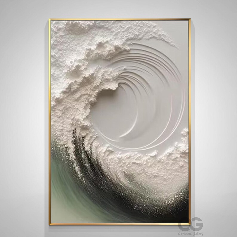 3D Texture White Wave Acrylic Painting Green Beach Wall Art Minimalist ...