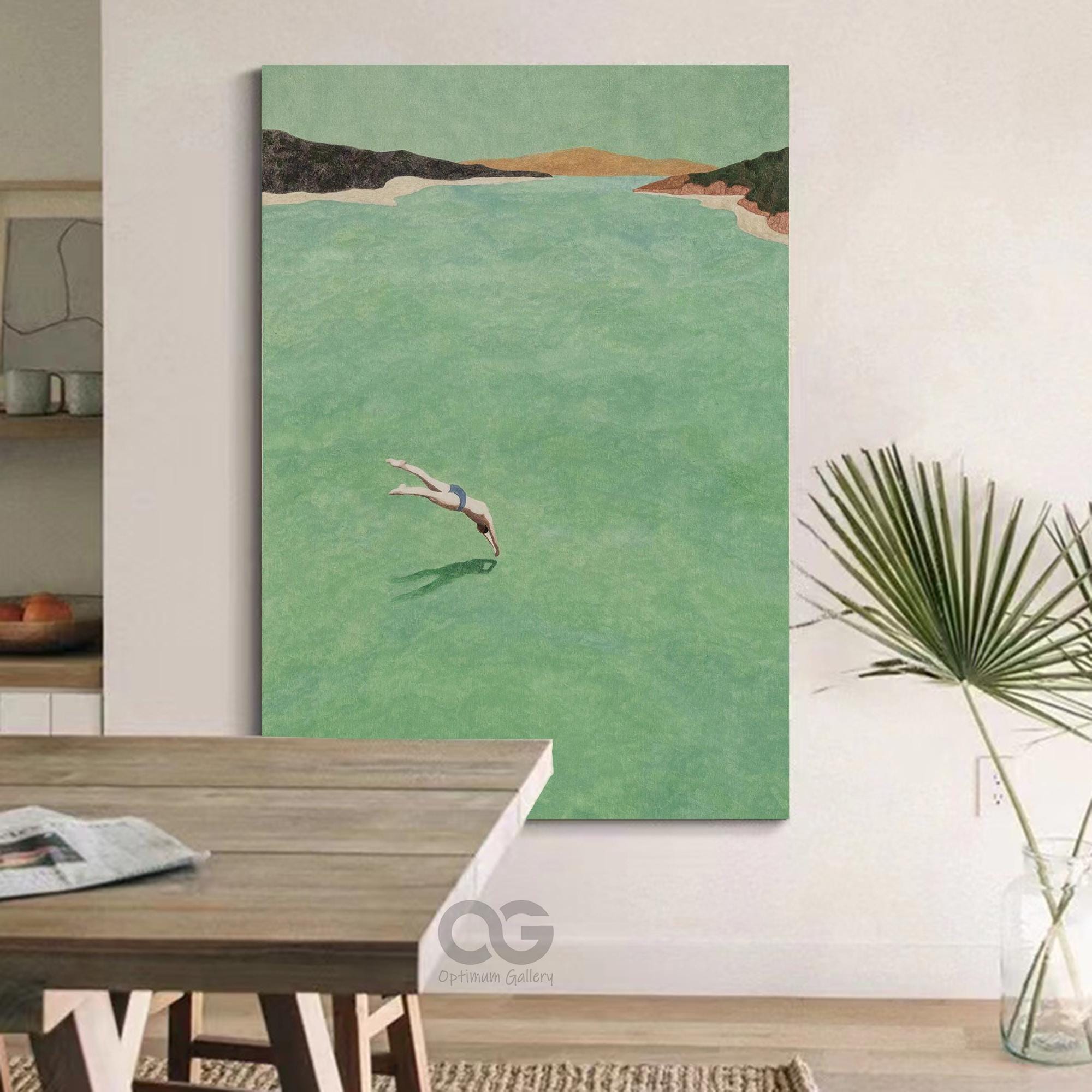 A Man Diving Into the Sea Green Ocean Painting Vintage Retro Painting ...