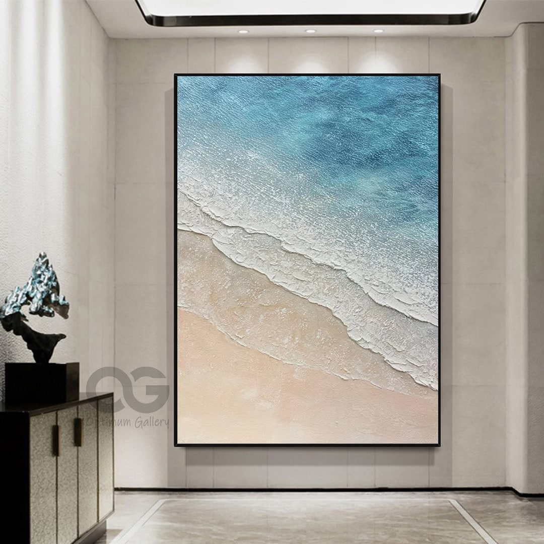 Framed Blue Ocean Wall Art Large Textured Whie Wave Painting Acrylic ...