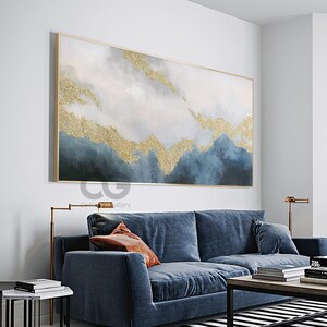 Navy Blue Canvas Painting Framed Textured Abstract Landscape - Etsy