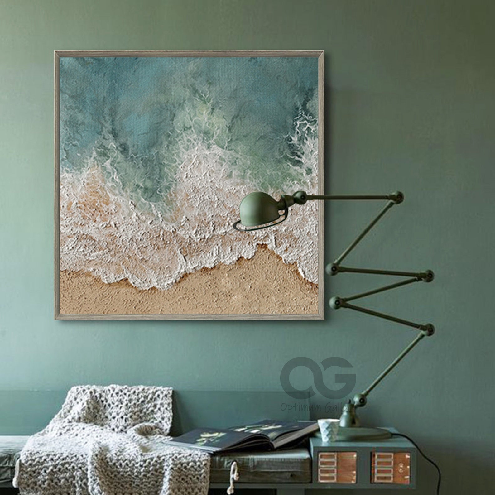 Large 3D Textured Coastal Wall Art Framed Green Beach Painting Abstract ...