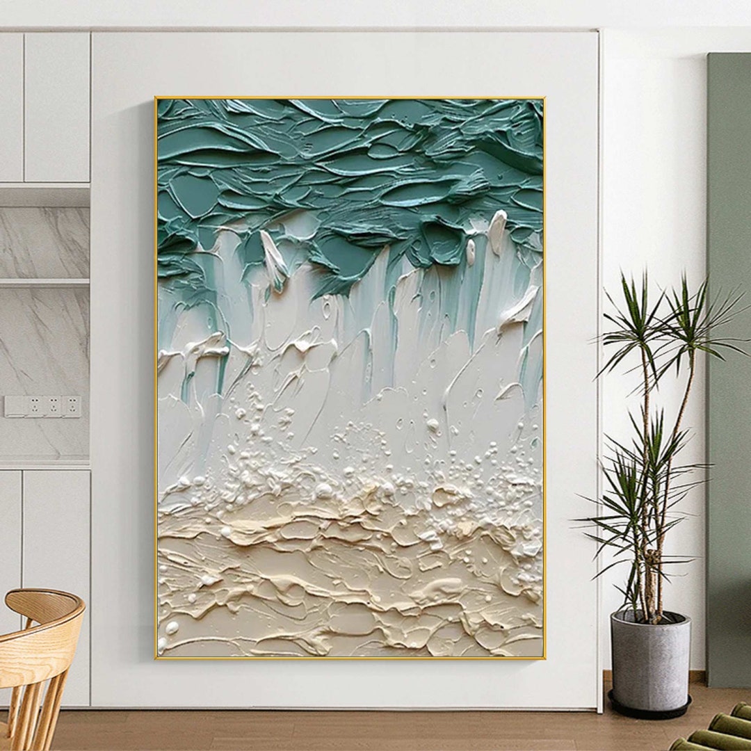 Textured Beach Painting: Large Turquoise Ocean, Abstract Coastal ...