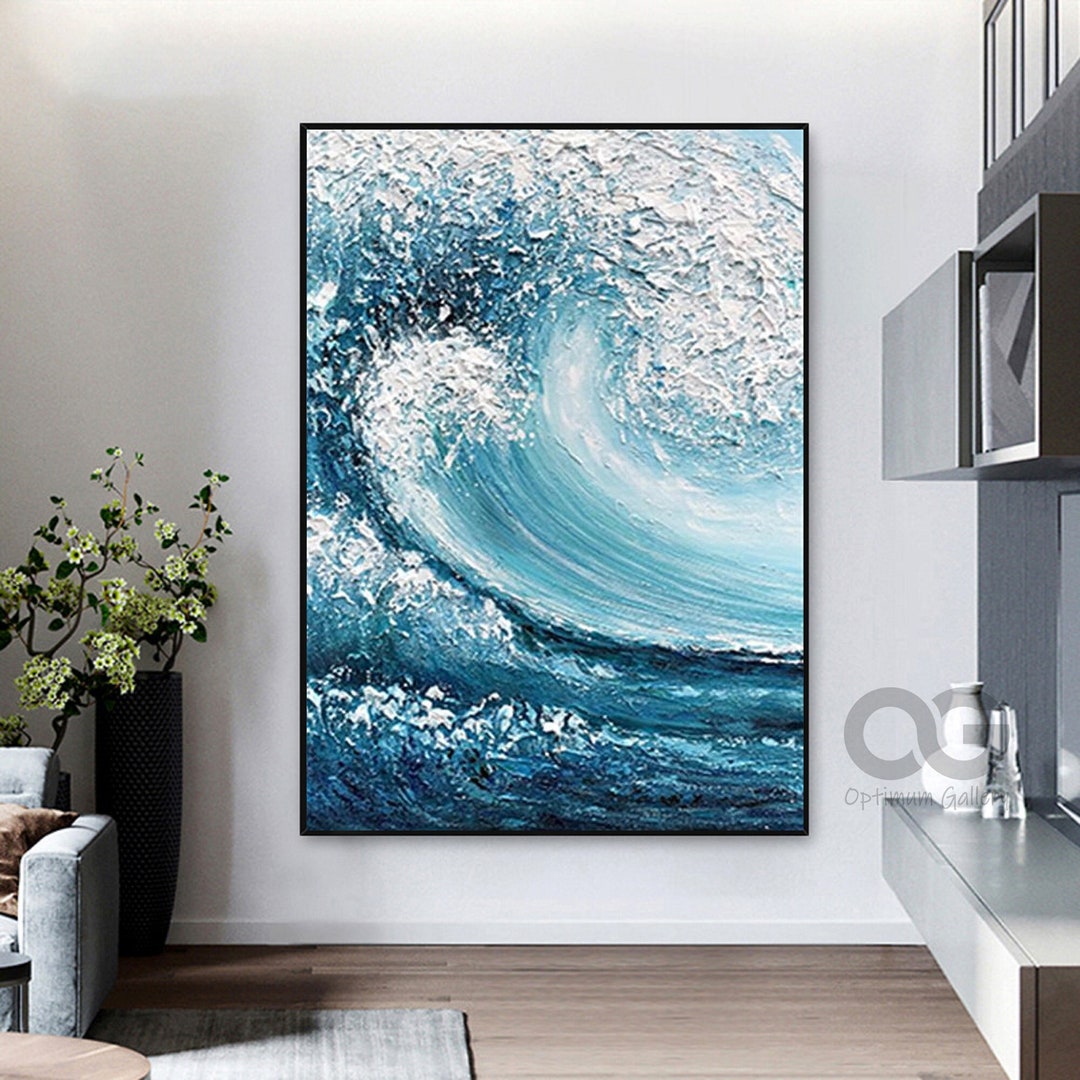 Texture Blue Wave Acrylic Painting Framed Surf Wave Painting on Canvas ...