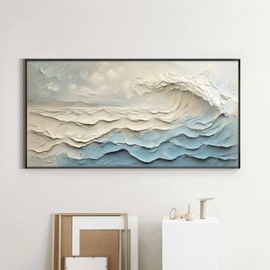 3D White Minimalist Beach Painting Textured Wall Art Ocean Wave Painting on Canvas Wabi-sabi ...