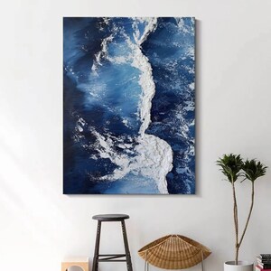 3D Texture Blue Wave Acrylic Painting Framed Ocean Wave Painting on ...