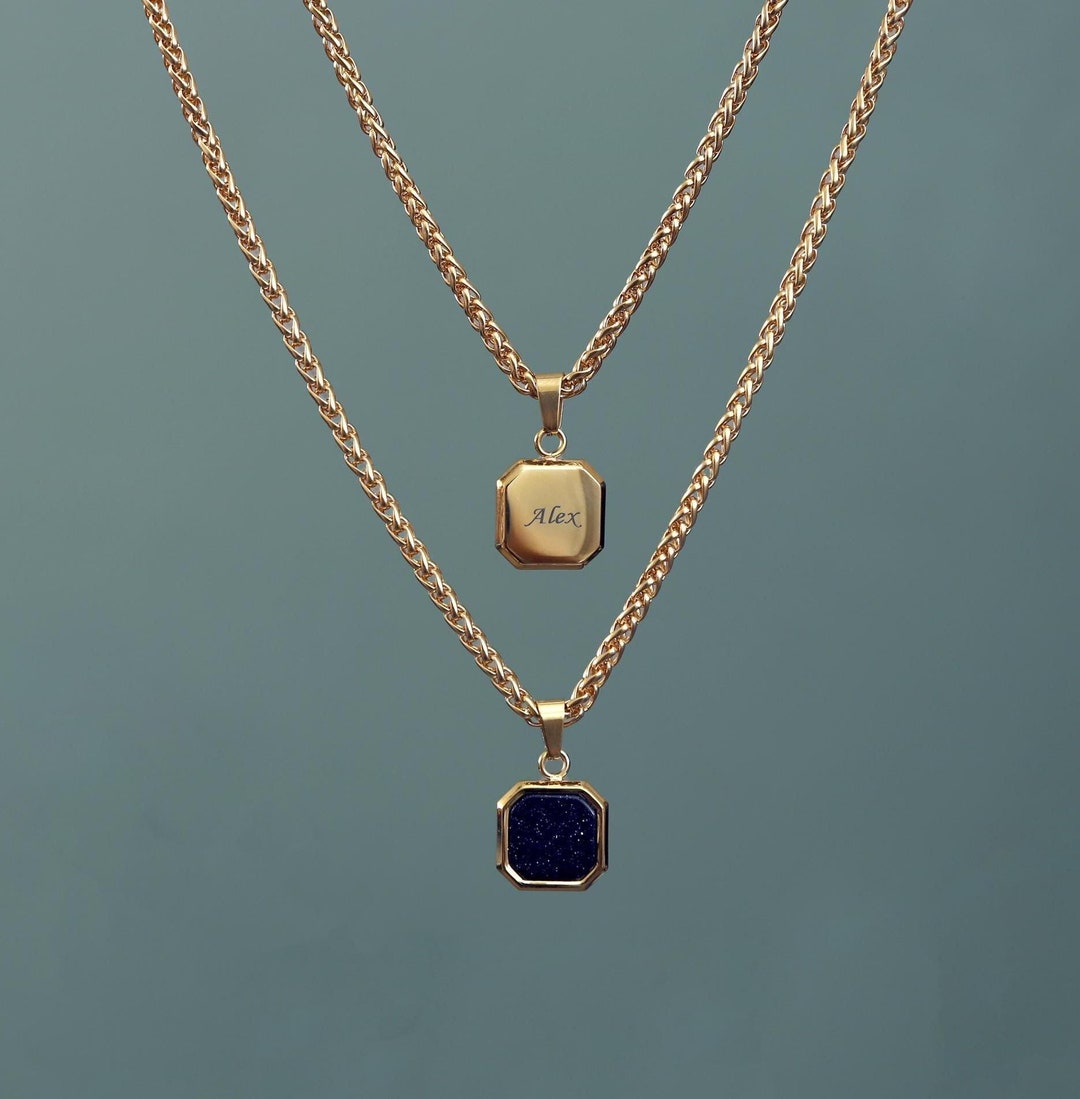 Men's Blue Sandstone Stone Necklace, Gold Stainless Steel Chain, Trendy ...
