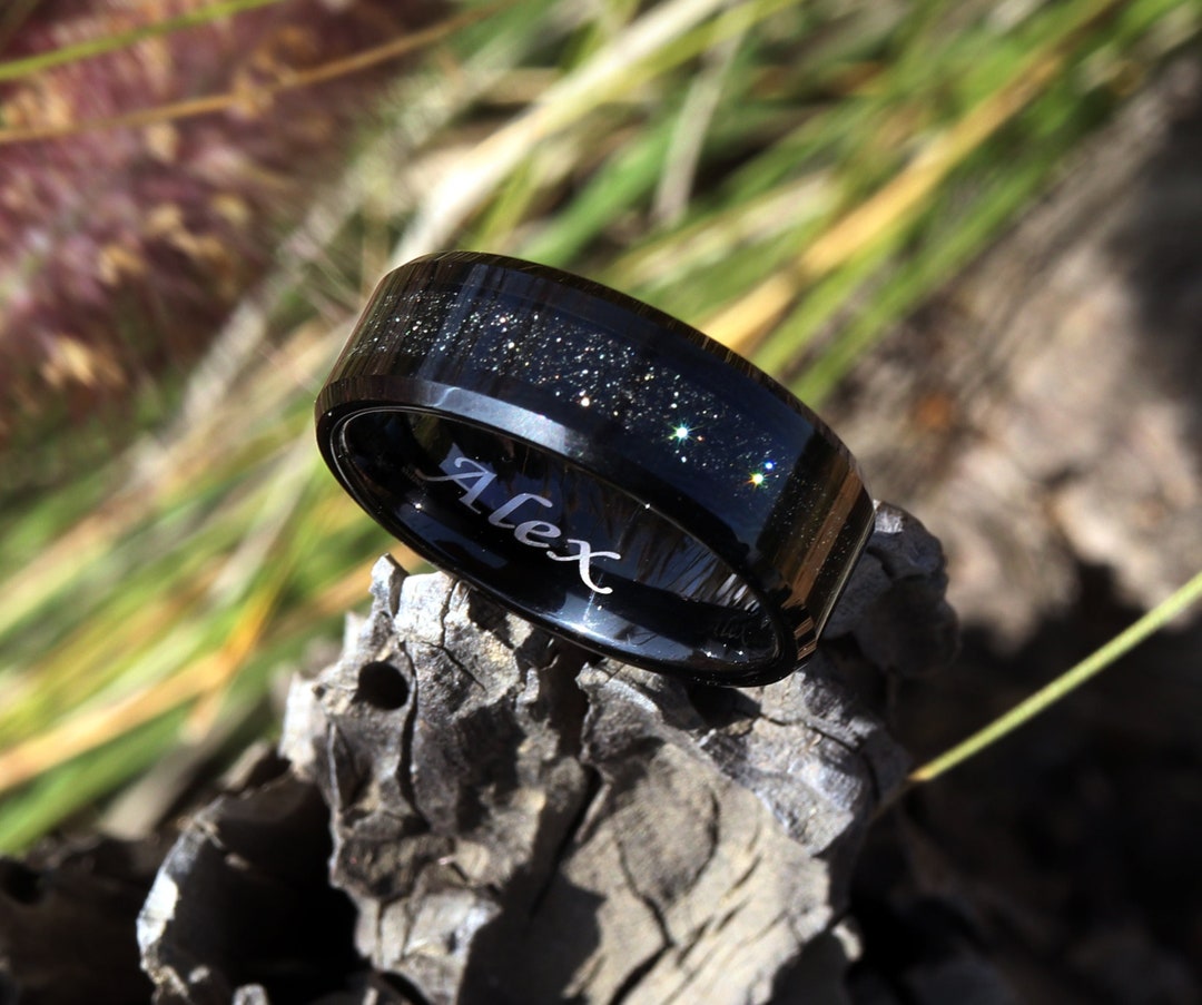 Galaxy Black Sandstone Ring, Men's Unique Wedding Band, Nebula Ring ...