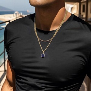 Men's Blue Sandstone Stone Necklace, Gold Stainless Steel Chain, Trendy ...