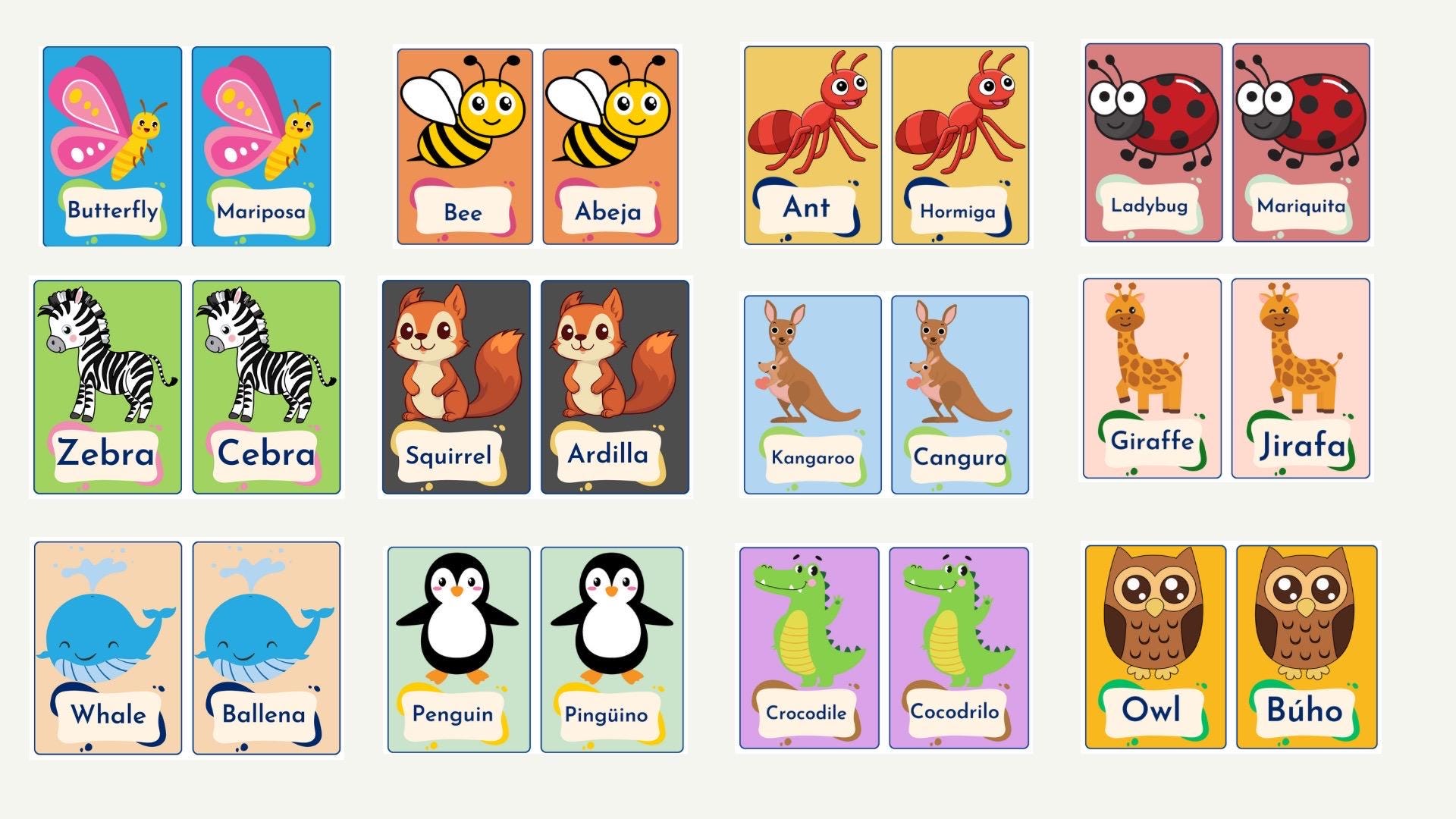 40 Bilingual Animal Flash Cards for Preschoolers English & Spanish ...